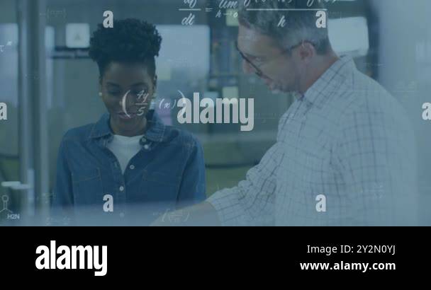 Mathematical equations and formulas animation over colleagues ...