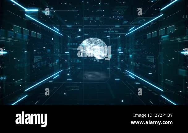 Artificial intelligence brain animation. Digital brain big data deep learning computer machine ...