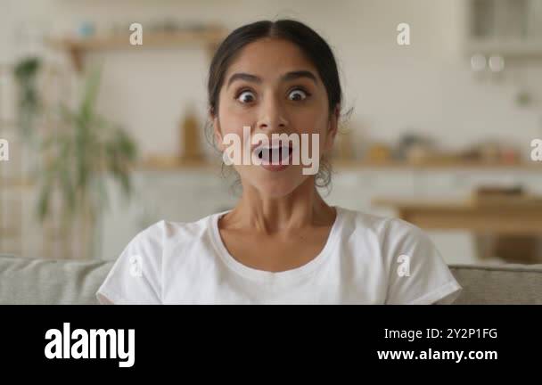 Portrait Muslim Islamic Indian woman Arabian girl female lady shocked wonder amazed surprised ...