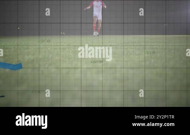 Soccer Players On Field With Data Graph And Numbers Animation Over Grid Background Technology