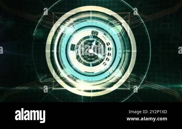 Futuristic digital clock animation with rotating gears and data ...