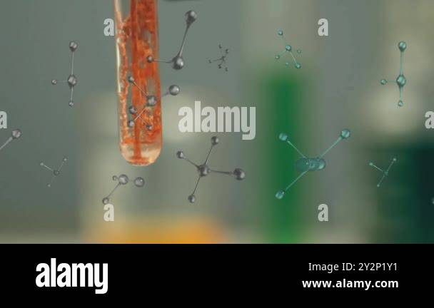 Chemical reactions in test tube with animated molecular structures in ...