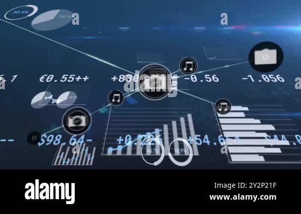 Animated icons of music, camera, and data percentages over digital ...