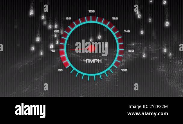 Animation Of Speedometer Over Data Processing On Black Background Global Technology Computing