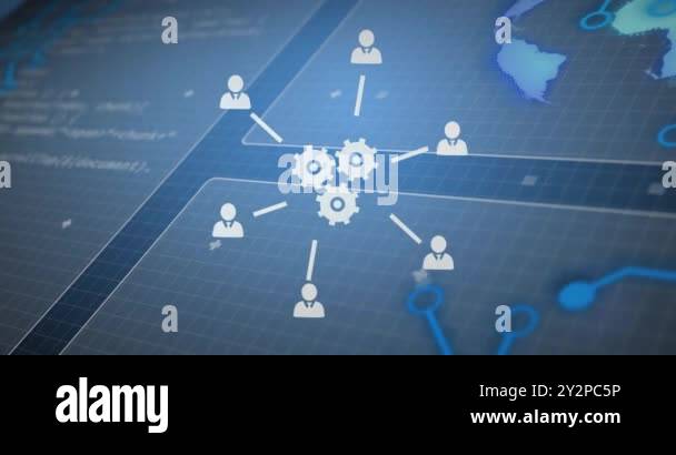 Processing data and connections, animation over technical icons on grid background. Networking ...