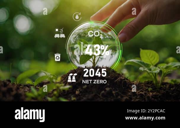 Glass Globe and Digital dashboard of CO2 level gauge percentage drop down to 0. Net Zero ...