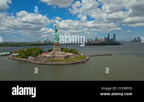 Panoramic aerial view Statue of Liberty in New York City, NY, USA. The ...