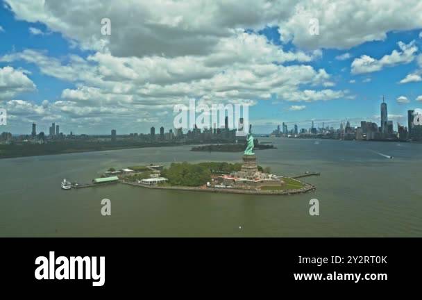Panoramic aerial view Statue of Liberty in New York City, NY, USA. The Statue of Liberty over ...