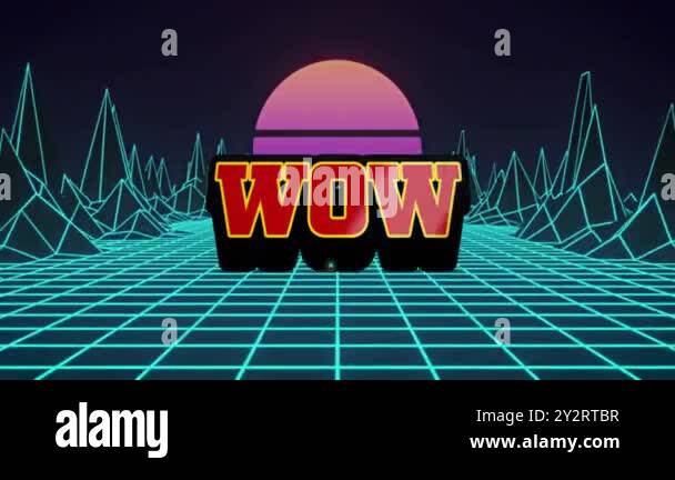WOW text animation over retro-futuristic grid landscape with neon mountains. digital art ...