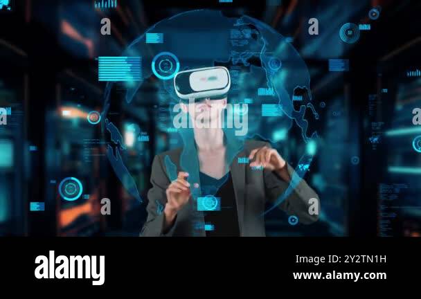 Businesswoman user making zoom with big data dynamic world market graph ...