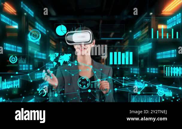 Woman reporter presenting news of scattering market data graph analysis ...