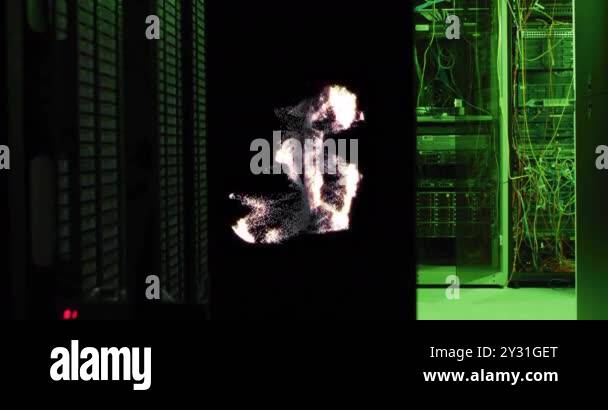 Glitch effect animation over server racks in data center. Technology ...