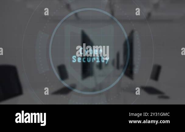 Lock icon with digital security animation over office conference room ...