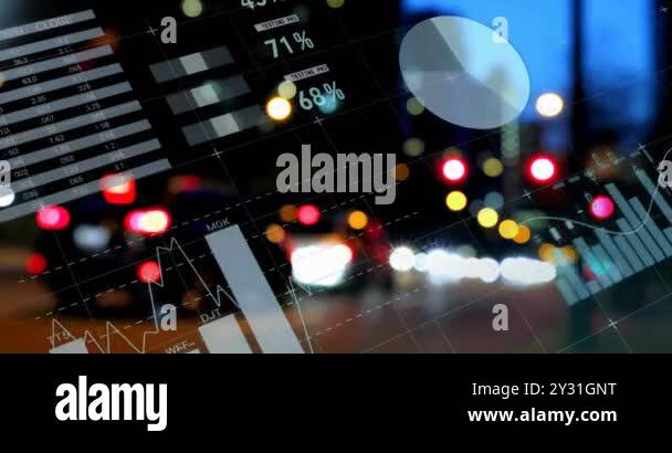 Pie charts and data graphs animation over city street with blurred ...