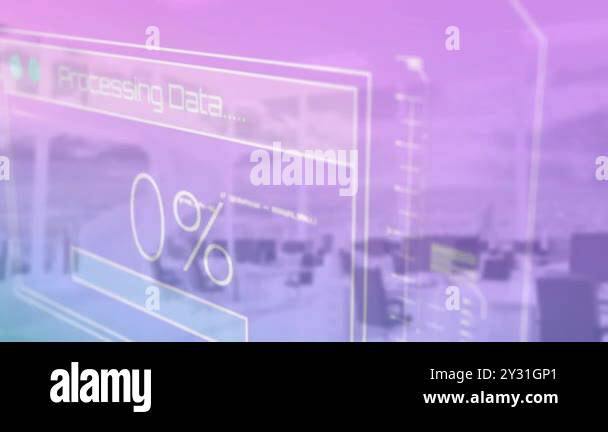 Processing data animation over office workspace with people working ...