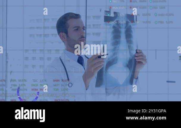 Examining x-ray with medical data animation overlay, doctor in hospital ...