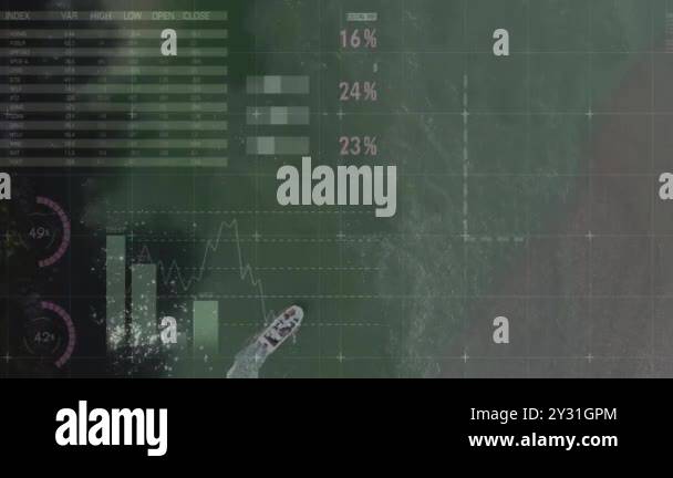 Data visualization animation over aerial view of ship navigating ...