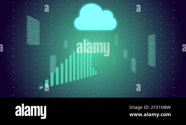 Cloud computing and data analytics animation over bar graph and communication icons. Technology ...