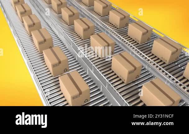 Cardboard boxes moving on conveyor belts, logistics and shipping ...