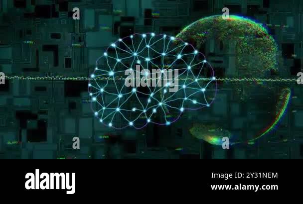 Digital brain network and data processing animation over circuit board background. technology ...