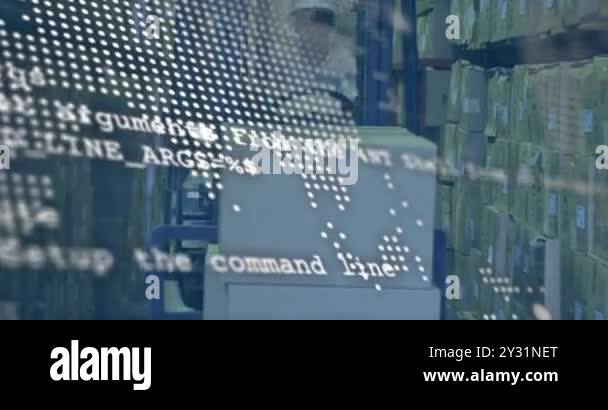 Warehouse worker operating forklift, data processing animation over ...