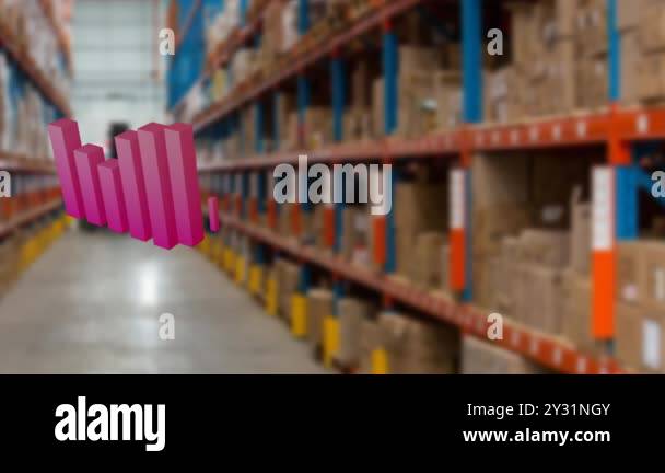 Rising bar chart animation over warehouse shelves with boxes in ...