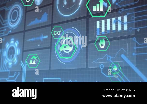 Hexagonal icons showing data points and analytics animation on digital interface. technology ...