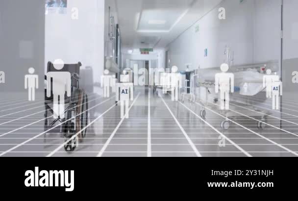 AI and healthcare animation over hospital corridor with medical ...