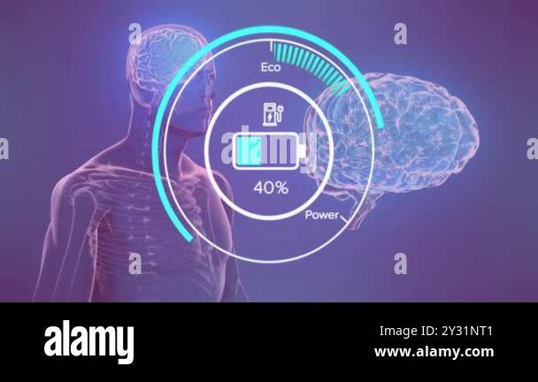 Charging battery animation over human brain and skeleton. Technology ...