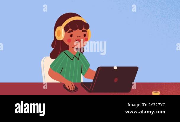 Remote education. Moving banner with happy girl in headphones ...