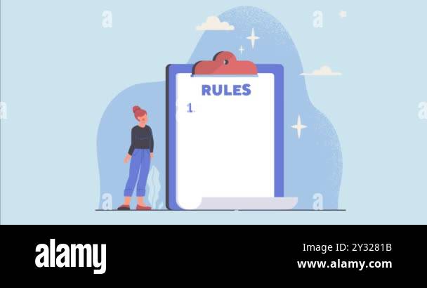 List of rules and regulations for employees. Moving banner with woman ...