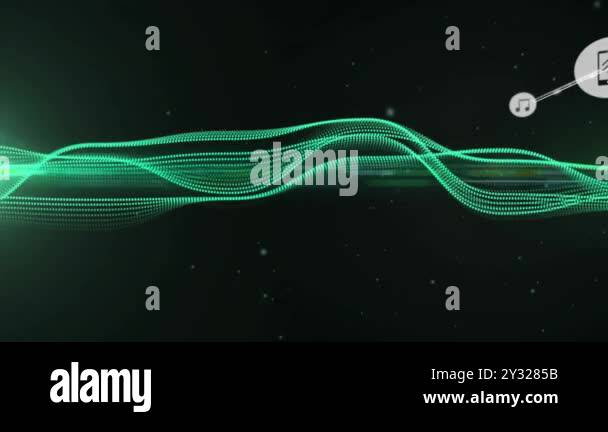 Green Waveforms And Digital Icons Data Network Animation Over Dark