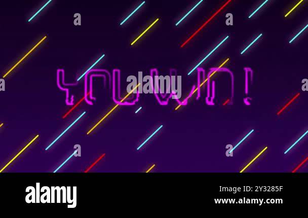 You win! text animation over colorful diagonal lines on dark background ...