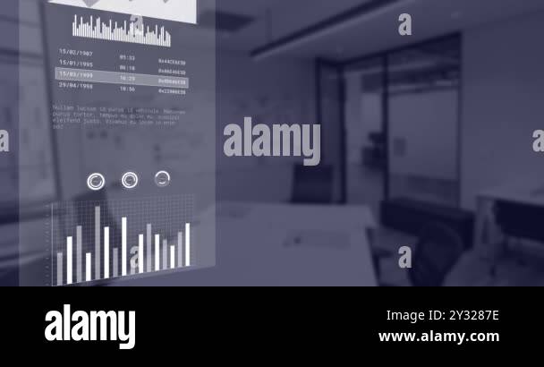 Graph and data analysis animation over office background. Analytics, statistics, business ...