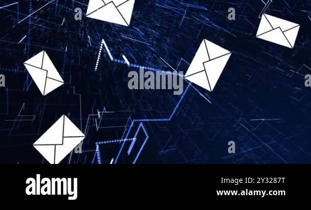 Animating email icons over digital network background with glowing ...