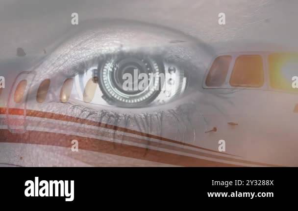 Close-up eye with futuristic interface animation in airplane cockpit ...