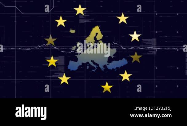 European Union stars animation over map of Europe with data processing ...