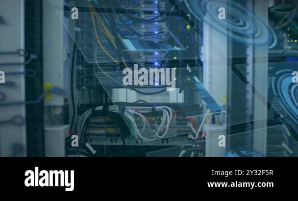 Data Processing Animation Overlaid On Server Racks And Cables In Data