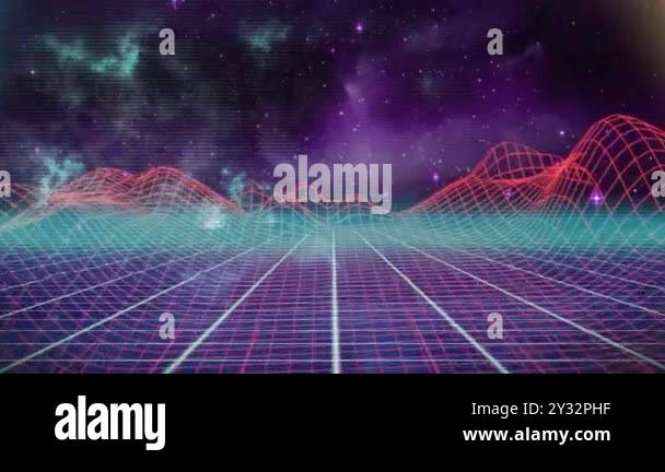 Retro grid landscape with neon lines and starry sky animation. stars ...