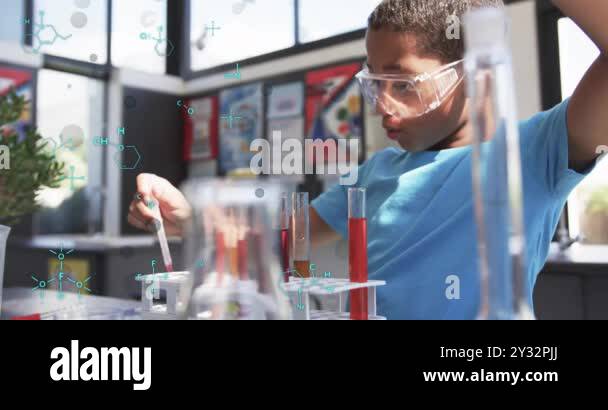 Chemical formulas and molecular structures over boy conducting science experiment in lab ...