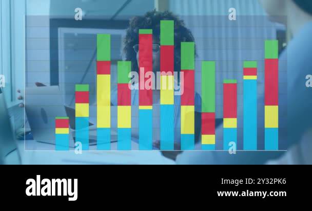 Businesswoman reviewing documents, bar chart animation over office ...