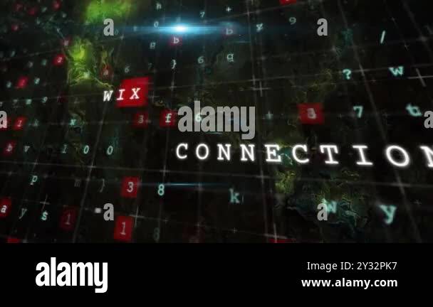 Internet text animation over abstract digital map with letters and ...