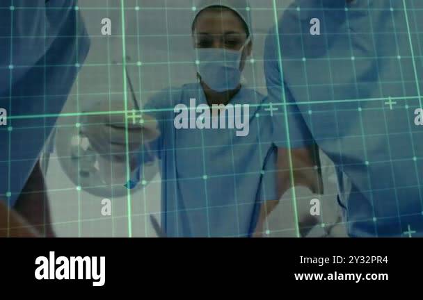 Medical professionals performing surgery over grid and data points ...