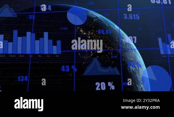 Global Statistics And Data Visualization Animation Over Rotating Earth