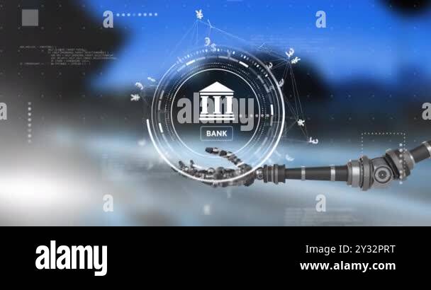 Reaching robotic hand towards bank icon, financial technology animation ...