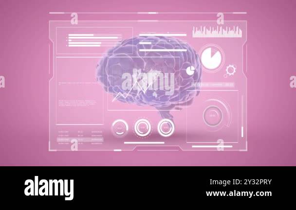 World map and data charts over brain, scientific research animation on pink background. Science ...