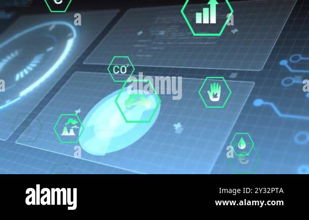 Hexagonal icons displaying data points and metrics, futuristic interface in motion. Technology ...