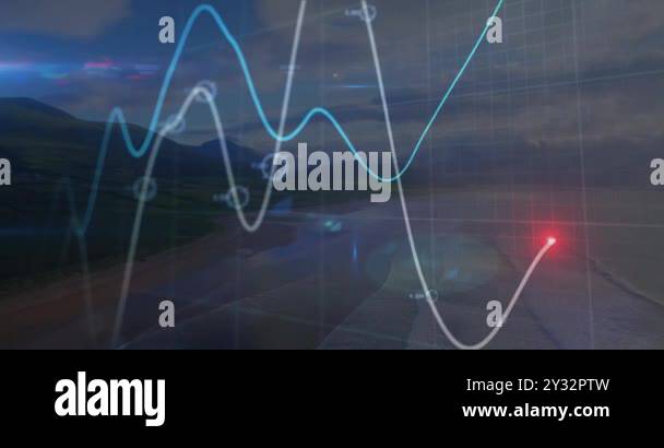 Graph with fluctuating lines and data points animation over coastal ...