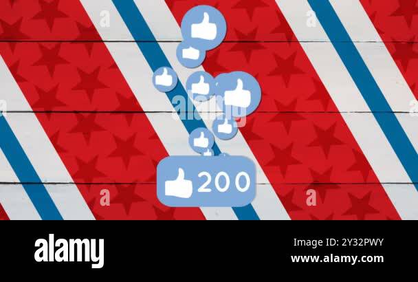 Thumbs up icons and likes count animation over red and blue striped ...