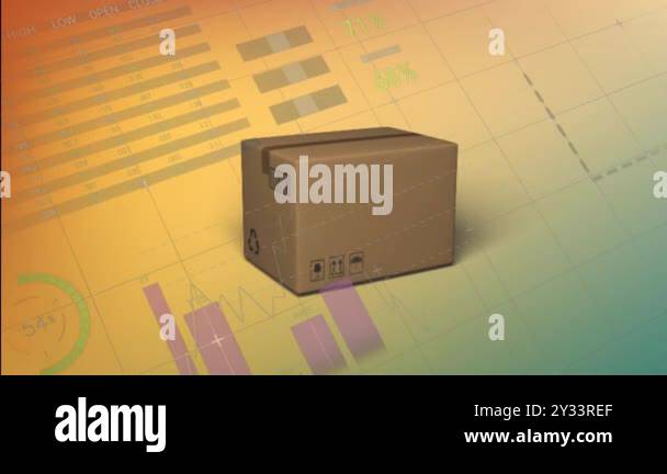 Cardboard box with recycling symbols over logistics and data analysis ...